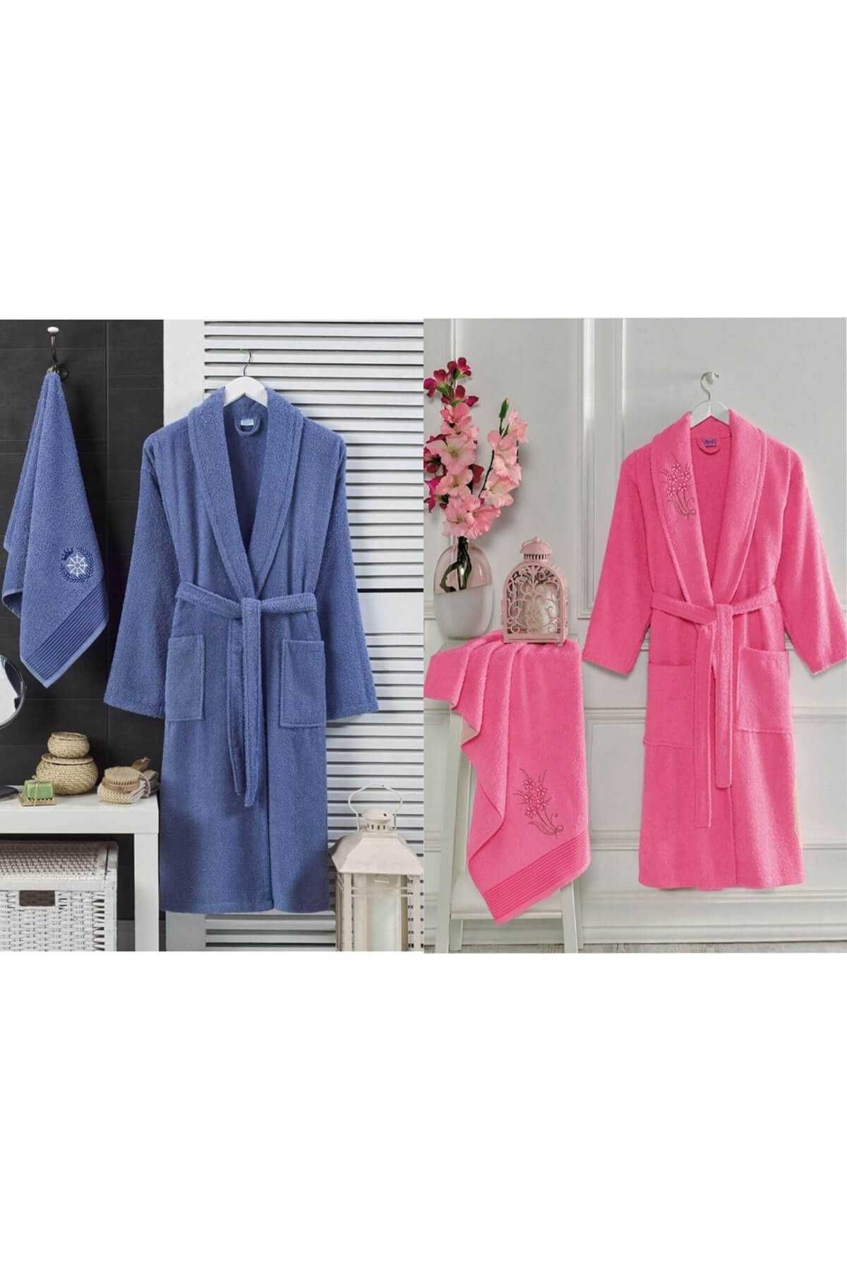 4 Parça Aile Bornoz Seti Kadın Erkek Havlulu Bornoz Takımı Fusya ...
