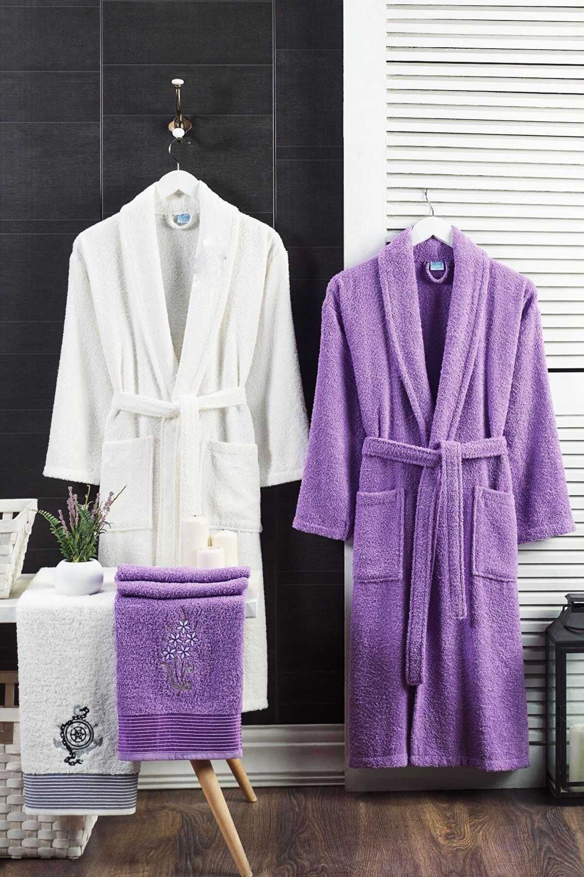 4 Parça Aile Bornoz Seti Kadın Erkek Havlulu Bornoz Takımı Beyaz ...