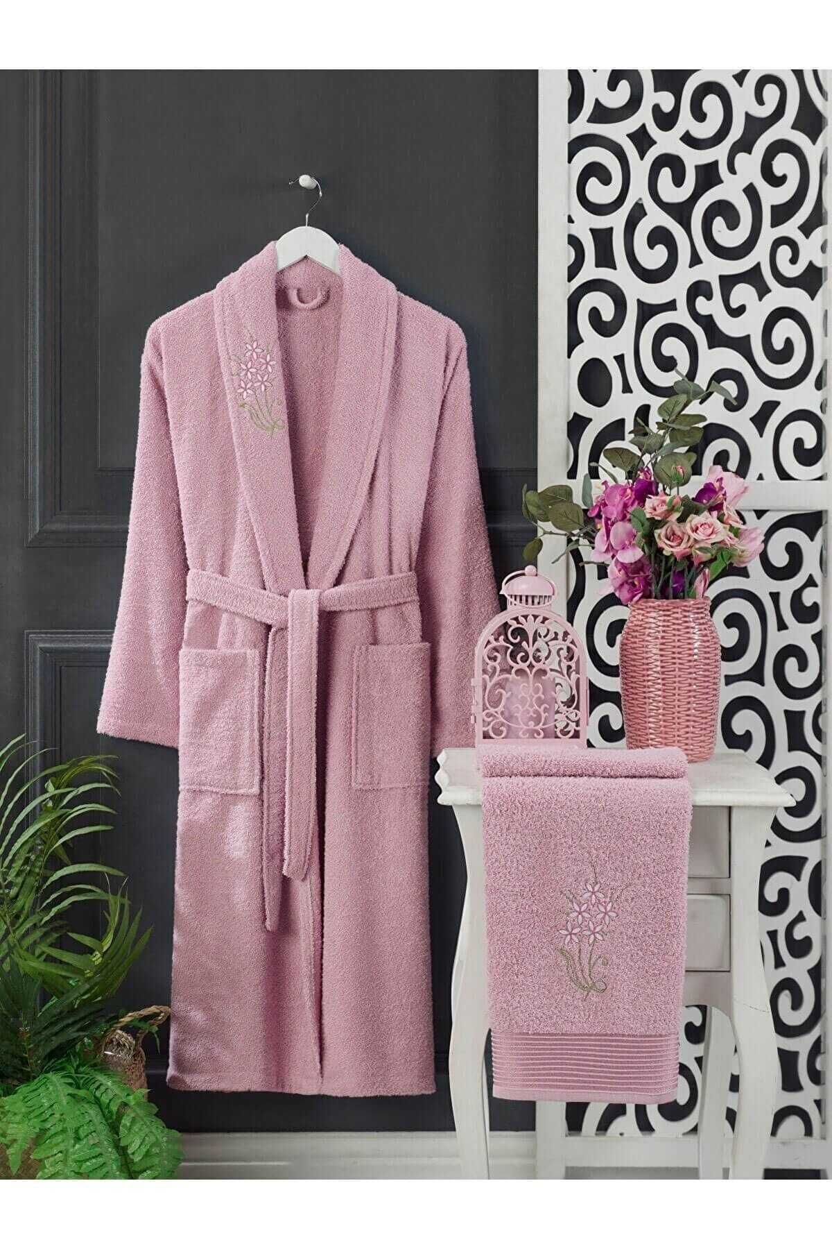 4 Parça Aile Bornoz Seti Kadın Erkek Havlulu Bornoz Takımı 100 Pembe ...