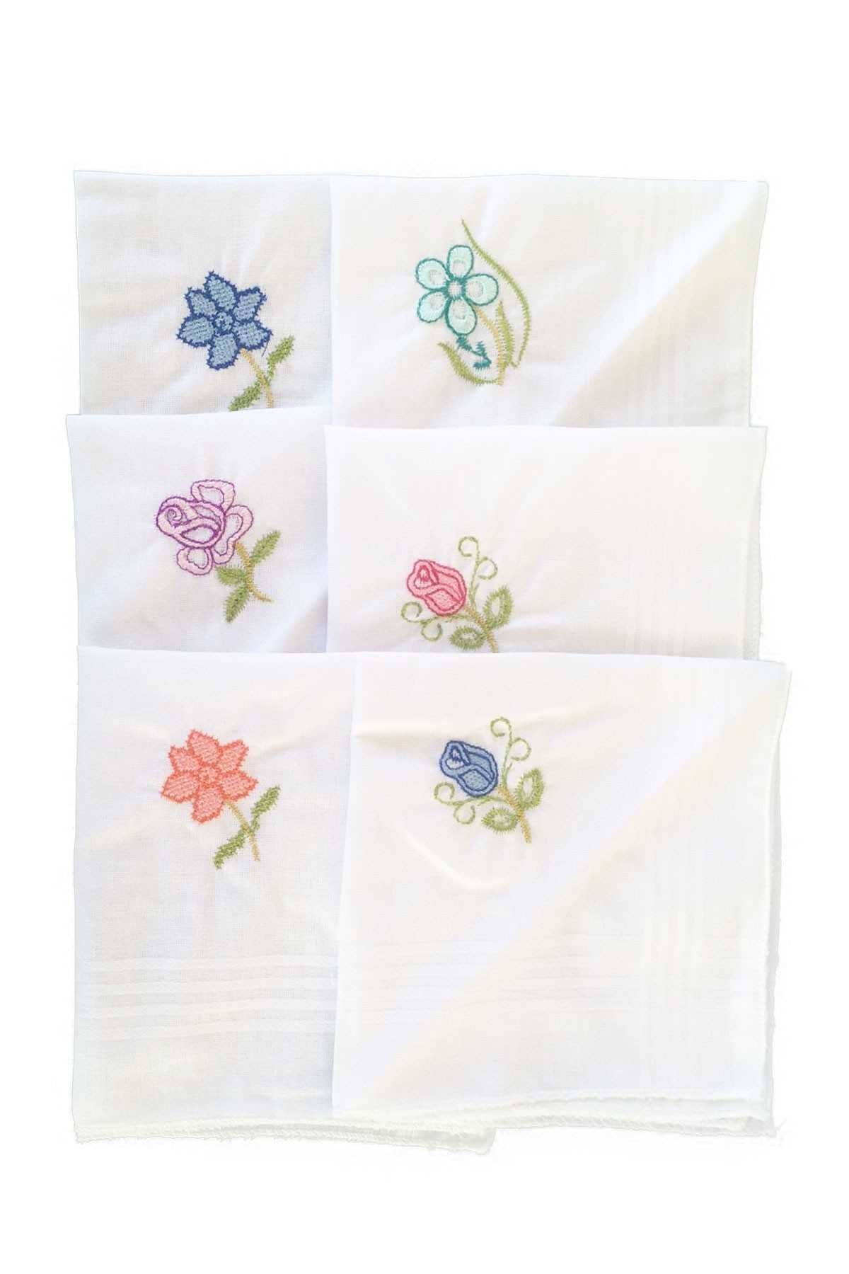 Hediyelik İşlemeli Bayan Mendili 6 lı Paket 28x28 cm 100 Pamuk ...
