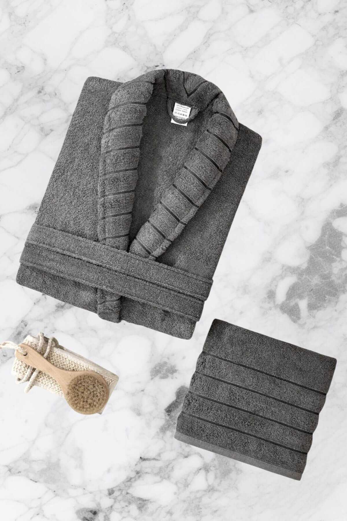 AquaLoom Lüx Erkek Bornoz ve Havlu Seti %100 Pamuklu Antrasit ...